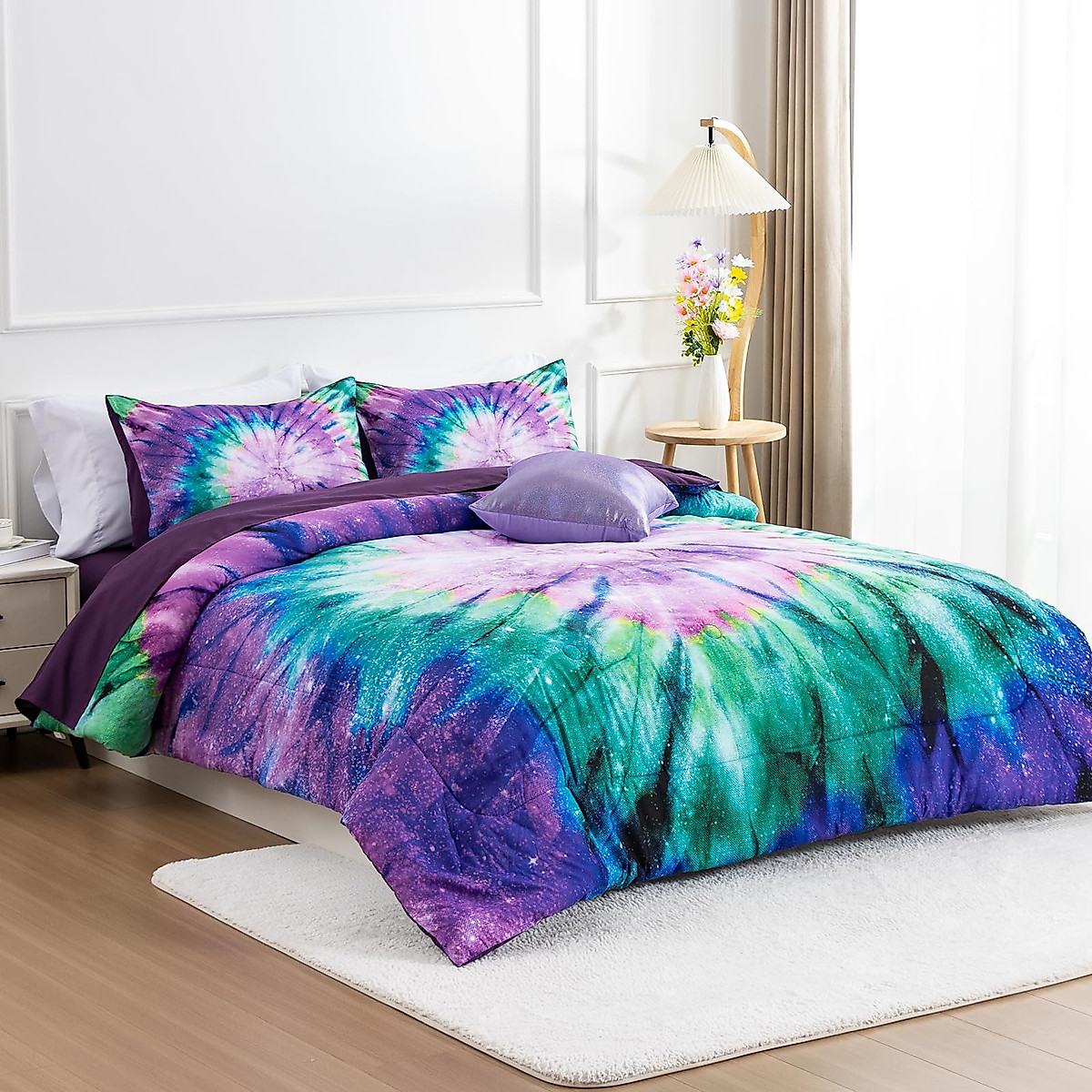 A Nice Night 6Pcs Bed in a Bag Bedding Set Tie Dye Galaxy Children Comforter Set, Psychedelic Swirl Pattern Colorful Boho, BoysGirls Quilt Sets,Purple,Full