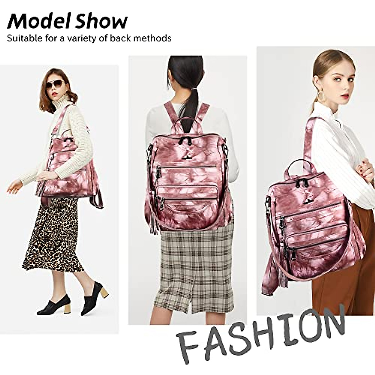 Backpack Purse Women PU Leather ladies fashion shoulder bag Casual Tassel Zipper Angel Kiss Backpacks(Pink)