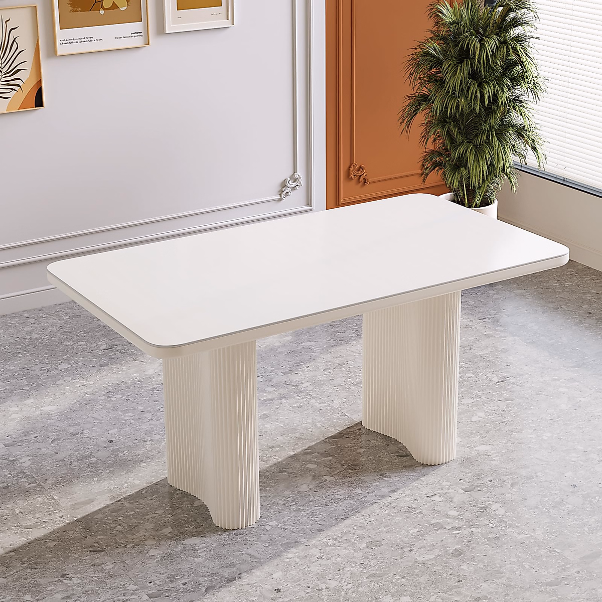 QEZEOM 55.27" Dining Table for 4-6, Modern Rectangular Kitchen Table with Wavy Design Legs, Home Office, Living Room Furniture, Easy to Assemble, White