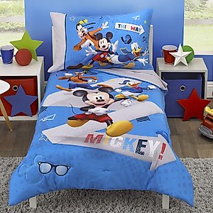 Mickey Mouse Toddler Bedding Set - Disney Mickey Mouse and Pals 4 Piece Bedding Includes Fitted Sheet, Pillowcase, Top Sheet, and Comforter Quilt - Blue