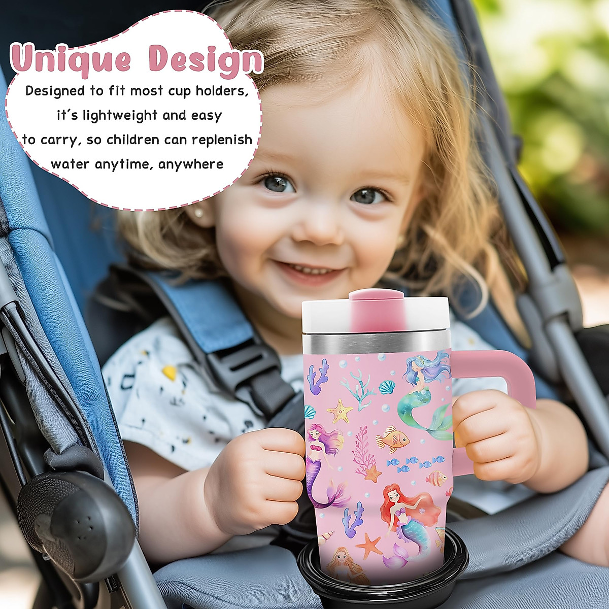 Mermaid Gifts for Girls, Little Mermaid Tumbler with Handle and Straw for Kids 14 oz, Mermaid Gifts for Ocean Lover, Insulated Stainless Steel Mermaid Cup, Mermaid Birthday Gifts for Toddlers Girls