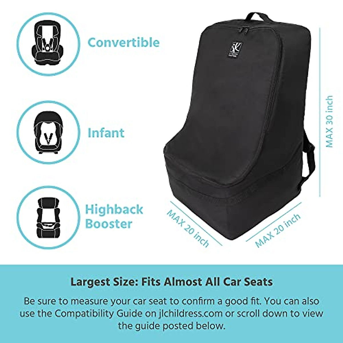 J.L. Childress Ultimate Backpack Premium Padded Car Seat Travel Bag - Large, High Quality, Durable, Secure, Universal Airport Gate Check Bag, Black