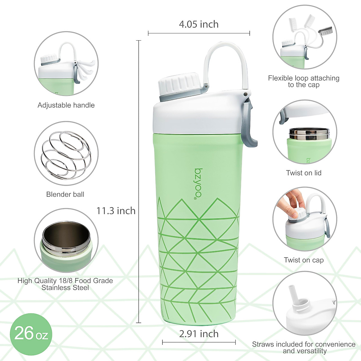 bzyoo 26oz Double-Walled Stainless Steel Insulated Tumbler with Straw Leak Proof Ideal for Smoothies, Ice Tea or Coffee Includes Mixer Ball BPA Free - Spidy Green