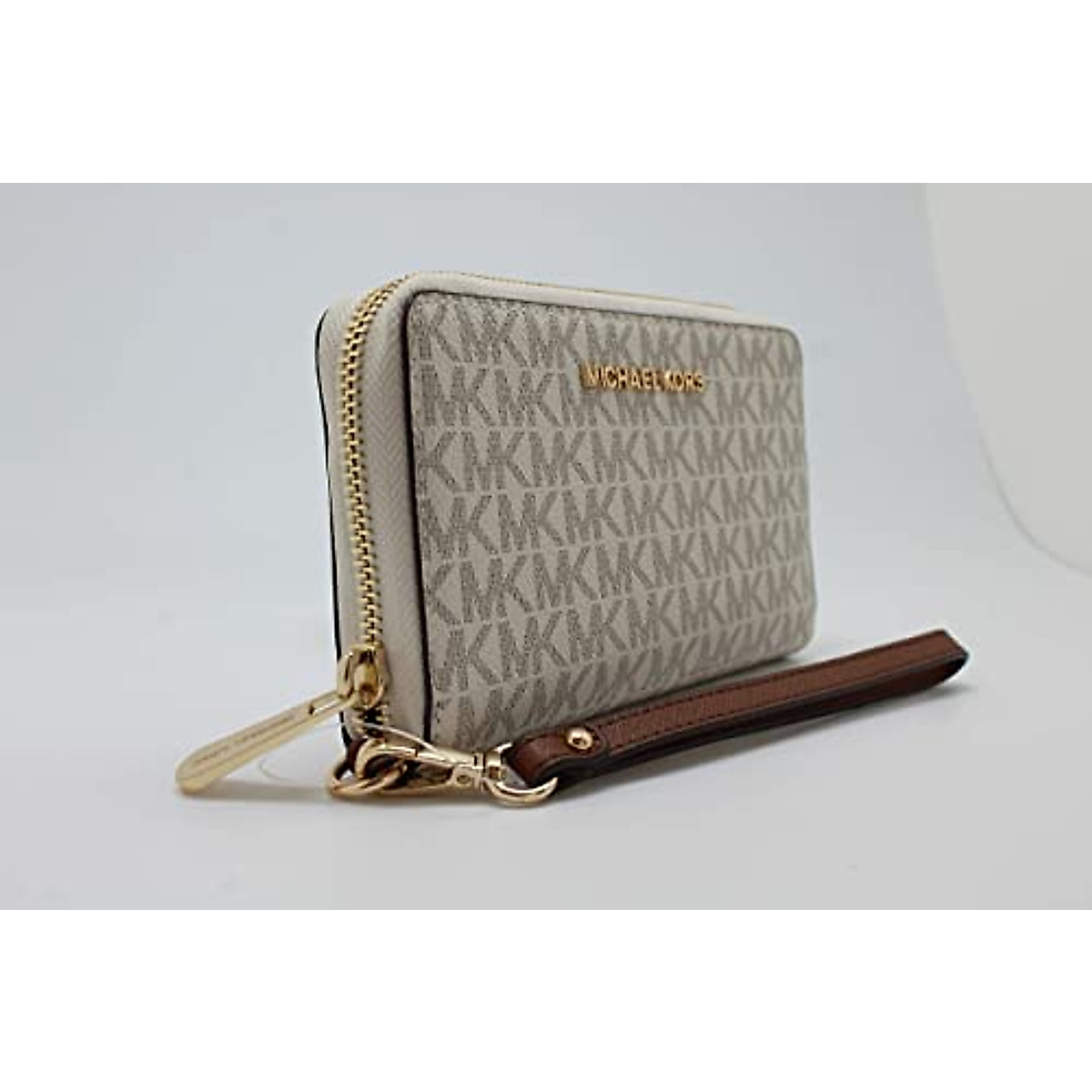 Michael Kors Jet Set Travel Large Flat Multifunction Phone Case Wristlet (Vanilla/Dark Acorn)