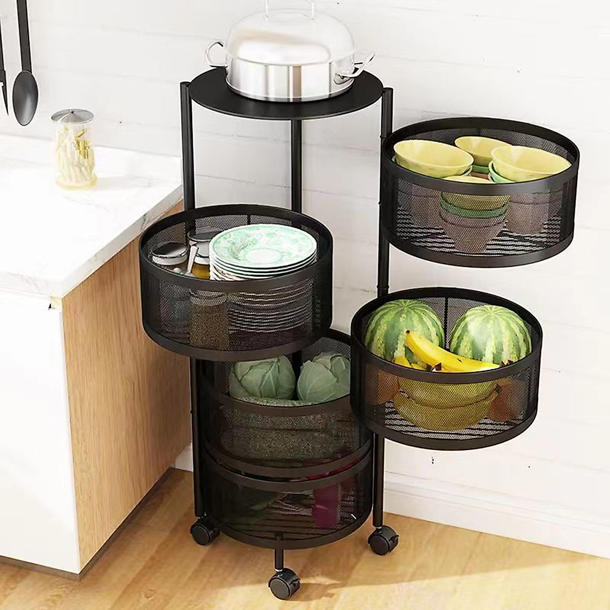 Grebest Kitchen Fruit Vegetable Storage Cart, 5 Tier Circular Rotating Basket with 360 Degree Wheels, Metal Wire Shelf with Top Lid for Living Room/Kitchen/Office Black Five Layers