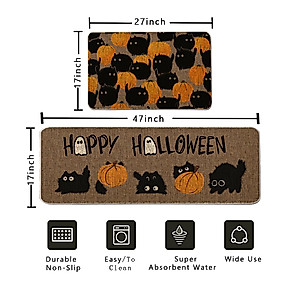 GAGEC Halloween Kitchen Mat Set of 2, Black Cat Pumpkins Kitchen Rug, Halloween Farmhouse Party Floor Mat for Home Kitchen Decorations - 17x27 and 17x47 Inch