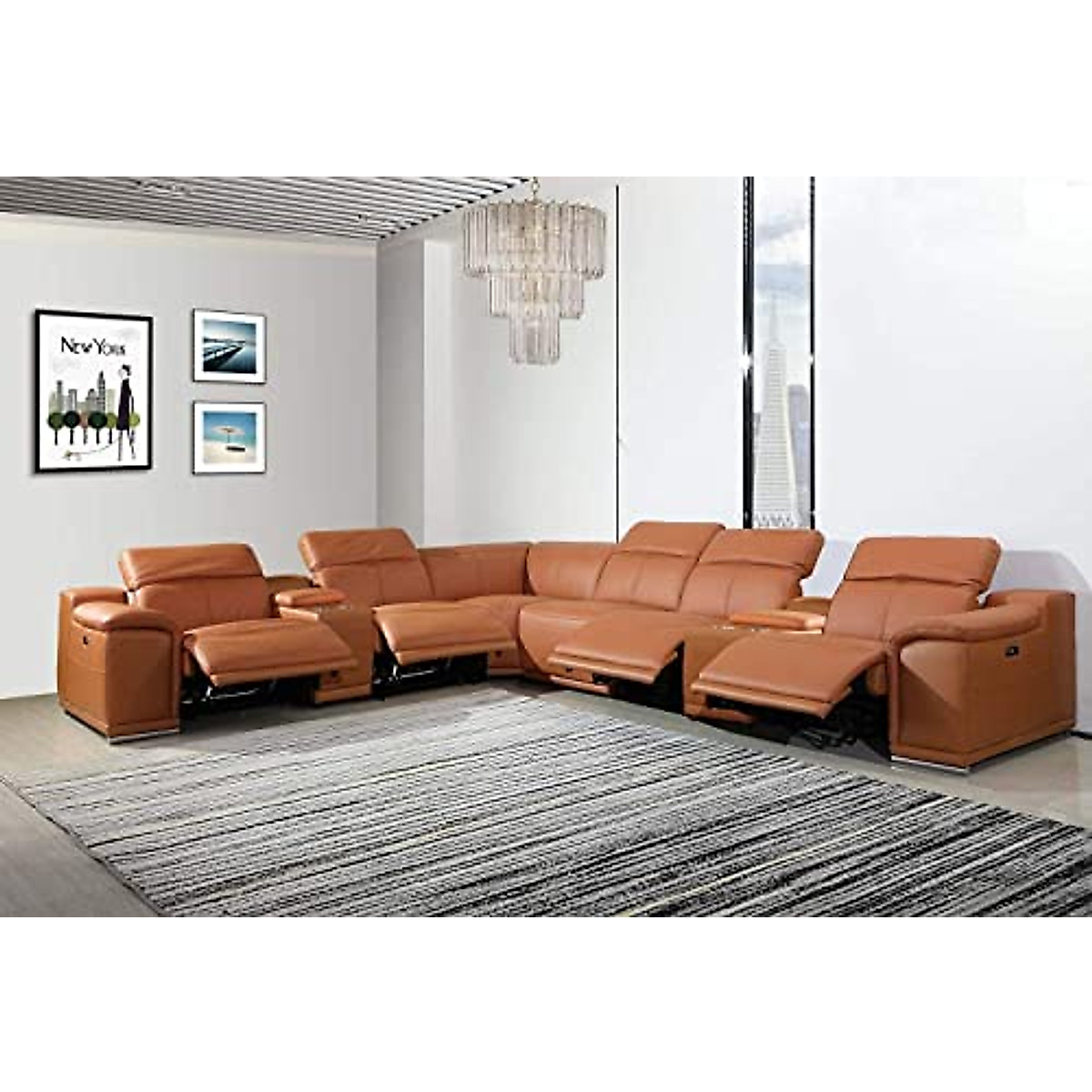 Blackjack Furniture Venice 8 Piece Sectional Sofa with 4-Power Recliners, Features Adjustable Headrest, Lumbar Support, USB and Wireless Charging Station, Extra Large Storage, 2 Consoles, Camel