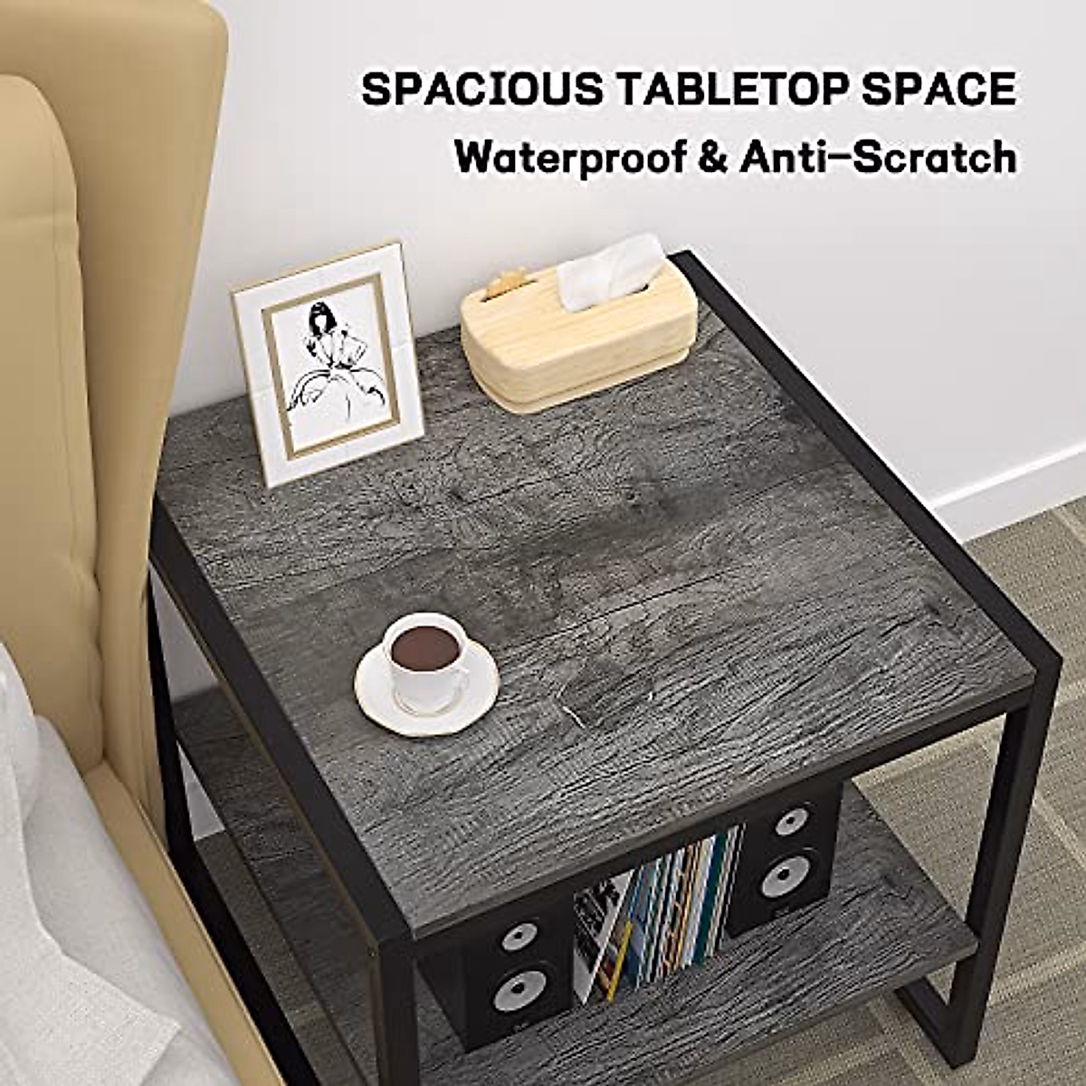 Homieasy End Table, 20 Inch Square Side Table Modern Night Stand with 2-Tier Storage Shelf, Living Room Small Coffee Table, Wood Finish Bedside Table for Bedroom,Black Oak