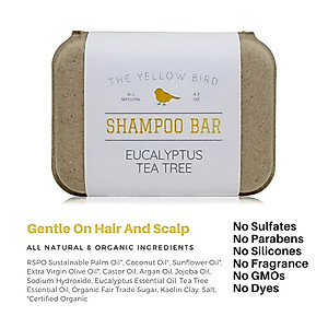 The Yellow Bird Eucalyptus Tea Tree Shampoo Bar. All Natural & Organic Ingredients. Sulfate Free, Detergent Free, Color Safe, and Silicone Free. Vegan, Plastic Free, Zero Waste Shampoo Soap