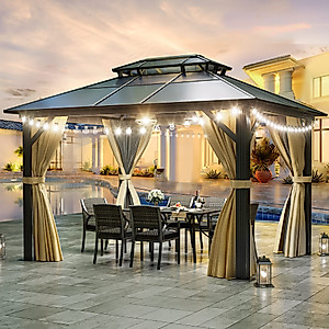 DWVO 10x12ft Hardtop Gazebo Double Roof Polycarbonate Canopy Outdoor with Netting and Shaded Curtains, Aluminum Frame Garden Tent for Patio, Backyard, Deck and Lawns