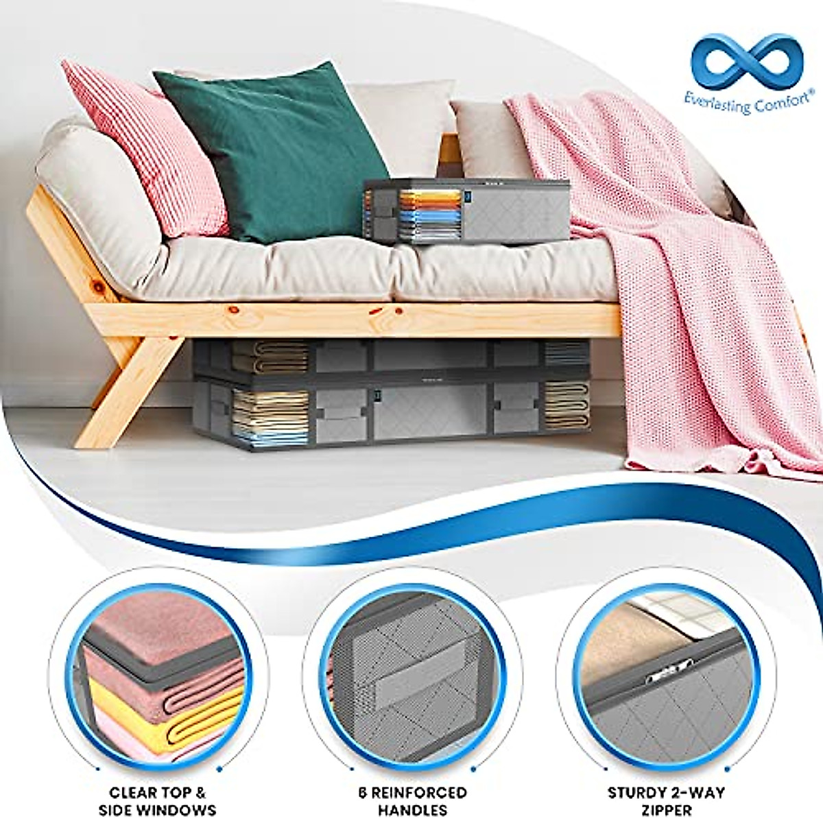 Everlasting Comfort Under Bed Storage Bags - Store 45% More With 172.5L of Bins - Collapse & Fold