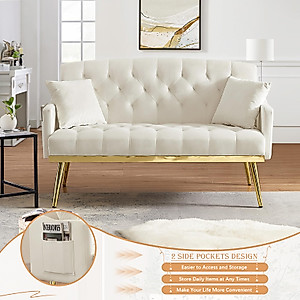 Small Velvet Loveseat Sofa, 55.5-inch Modern Sofa Couch with with 2 Side Pockets, Modern Tufted Sofa with Golden Metal Legs, Upholstered Space Saving Love Seat for Living Room, Bedroom, Office, Beige