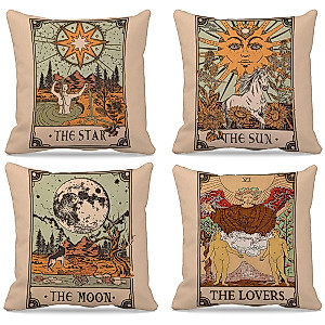 GICHUGI Tarot Card Pillow Covers Set - Tarot Gifts, Tarot Throw Pillow, Set of 4 Flannel Sun Moon Decrative Throw Pillow Cases 18x18, Tarot Decor