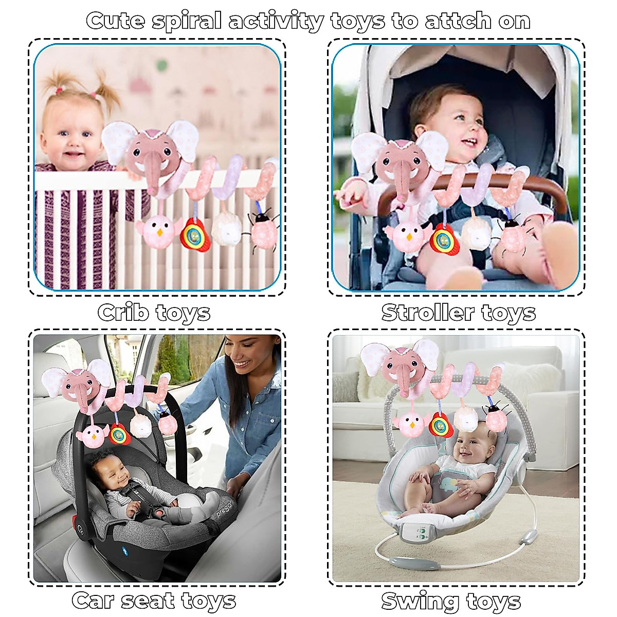 Car Seat Toys for Babies 0-6 Months, Infant Spiral Activity Toys Baby Gril Car Seat Toys 6-12 Months Hanging Stroller Toys for Baby Girls 0-6 Months with Musical Owl Rattle Sheep - Pink Elephant