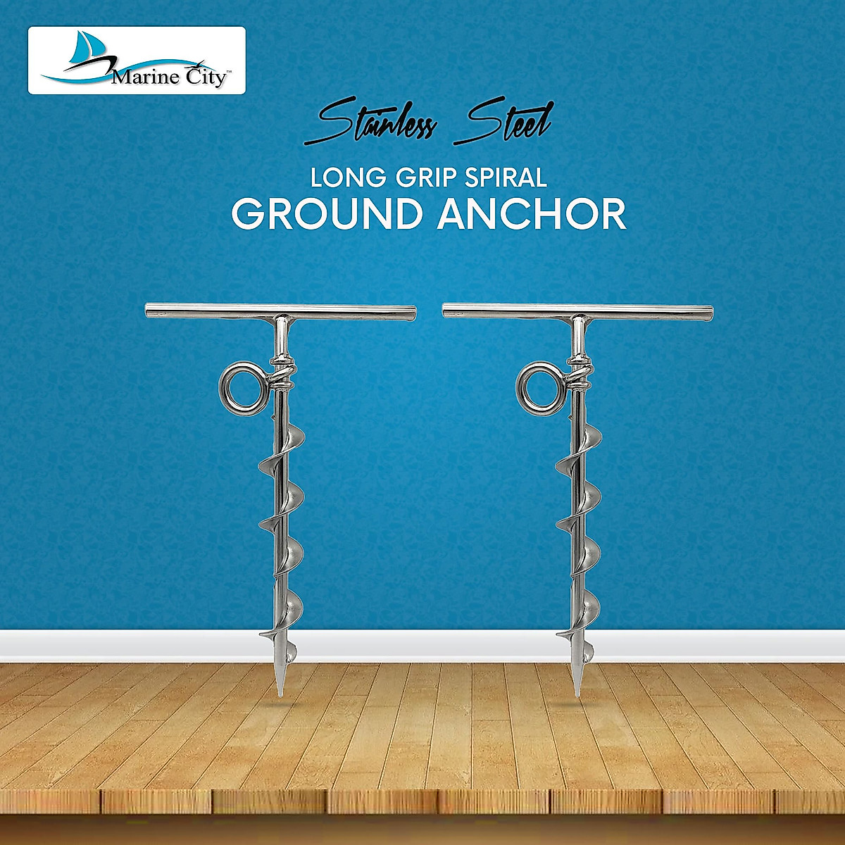 MARINE CITY 304 Grade Stainless Steel Long Grip Spiral Ground Anchor with an O-Ring for Boat Mooring on Beach – Camping Tent – Screw Dog Tie-Out Stake Backyard (Pack of 2)
