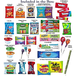 Foxy Fane 100 count Snack Box - Ultimate Gift Basket with Variety Assortment of Crackers, Cookies, Candy & Chips - Bulk Bundle of Delicious Treats for Kids, Teens & Children of all Ages [ 100 Snacks ]