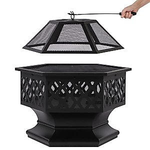 70CM Hexagonal Portable Outdoor Fire Pit for Garden Portable Garden Fire Pit, Outdoor Fire Pit, Heavy Duty Fire Bowl with Spark Screen Cover and Poker Fire Bowl Iron Brazier Wood Burning Fire Pit