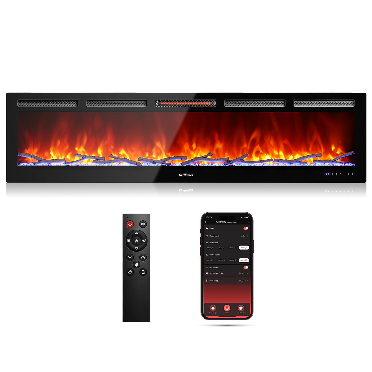 TURBRO 72” Smart WiFi Infrared Electric Fireplace with Sound Crackling and Realistic Flame, 1500W Quartz Heater, Recessed or Wall Mounted, Adjustable Flame Effects, Remote Control and App, in Flames