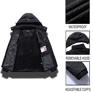 Pooluly Men's Ski Jacket Warm Winter Waterproof Windbreaker Hooded Raincoat Snowboarding Jackets Black-XL
