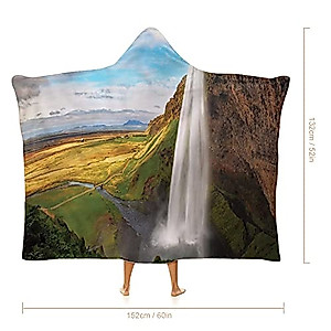 Hooded Blanket Poncho, Waterfall Women Men Hooded Blanket, Iceland Summer Wilderness, Soft Warm Cozy, 40 x 50inches, Studying Reading Snuggling Napping Office, Multicolor