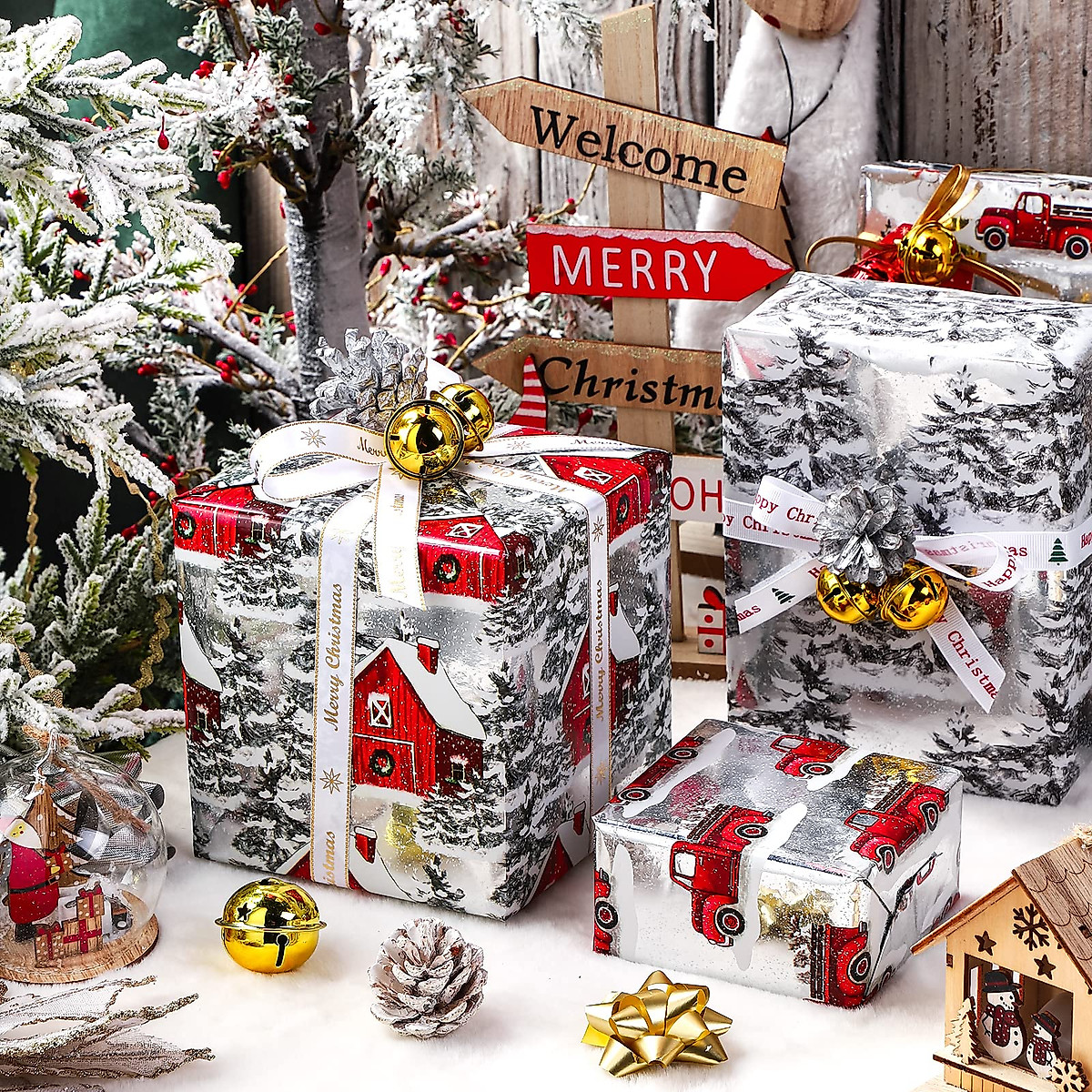 LeZakaa Christmas Wrapping Paper - Silver Metallic Foil with Snowman/Red Truck with Tree/Red House/Tree with Snow Design for Gift Wrap, Craft - 30 x 120 inches - 4 Rolls