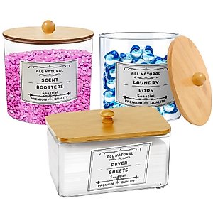 3 Pack Laundry Powder Container & Dryer Sheet Holder, Large Capacity Acrylic Laundry Room Organization Storage Containers with Lids, Labels & Scoops for Powder, Scent Booster, Pods, Beads, Bath Bombs