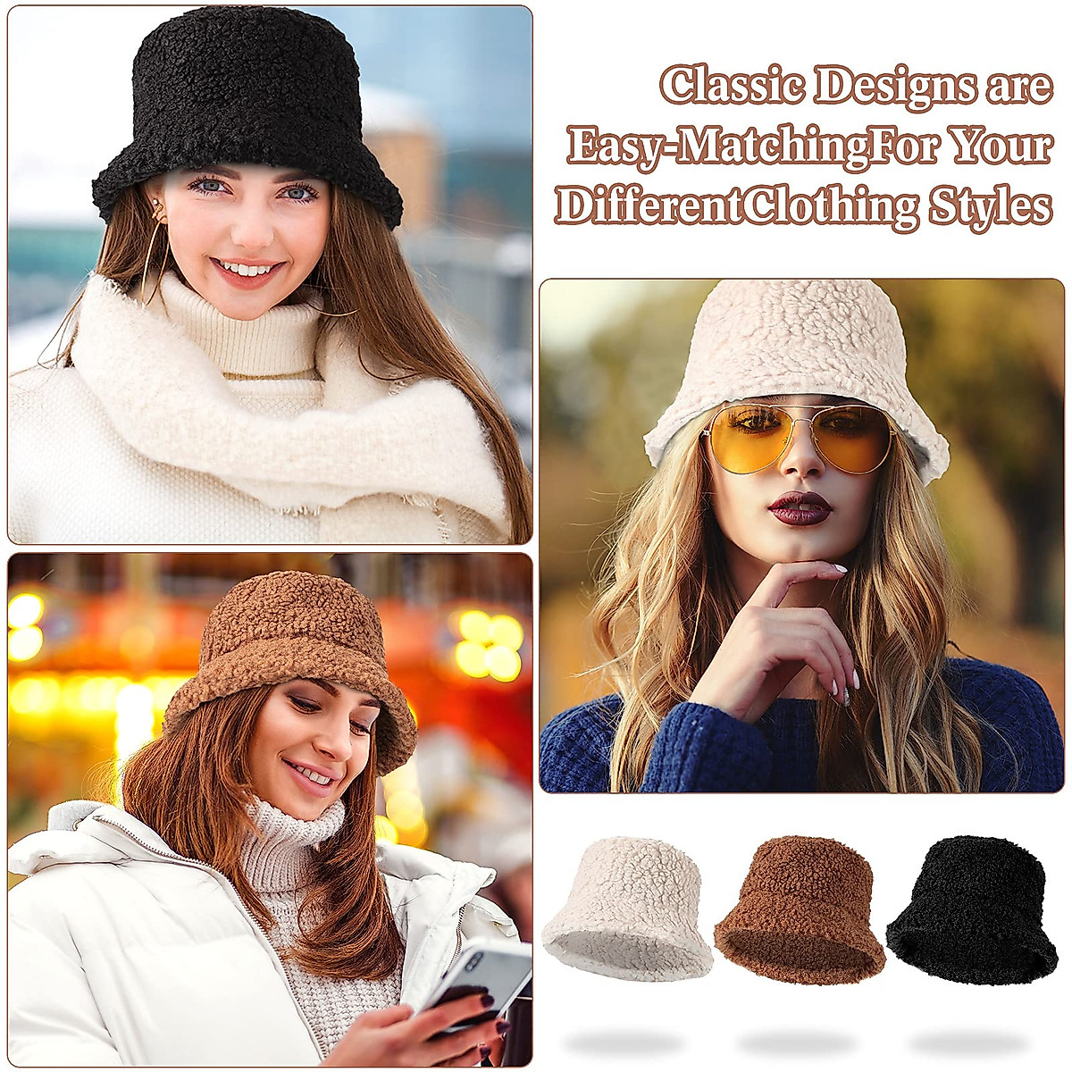 SATINIOR 3 Pcs Fuzzy Bucket Hat Faux Fur Bucket Hat Winter Fluffy Bucket Hat Wide Brim Cloche Hat Fisherman Cap for Women Men