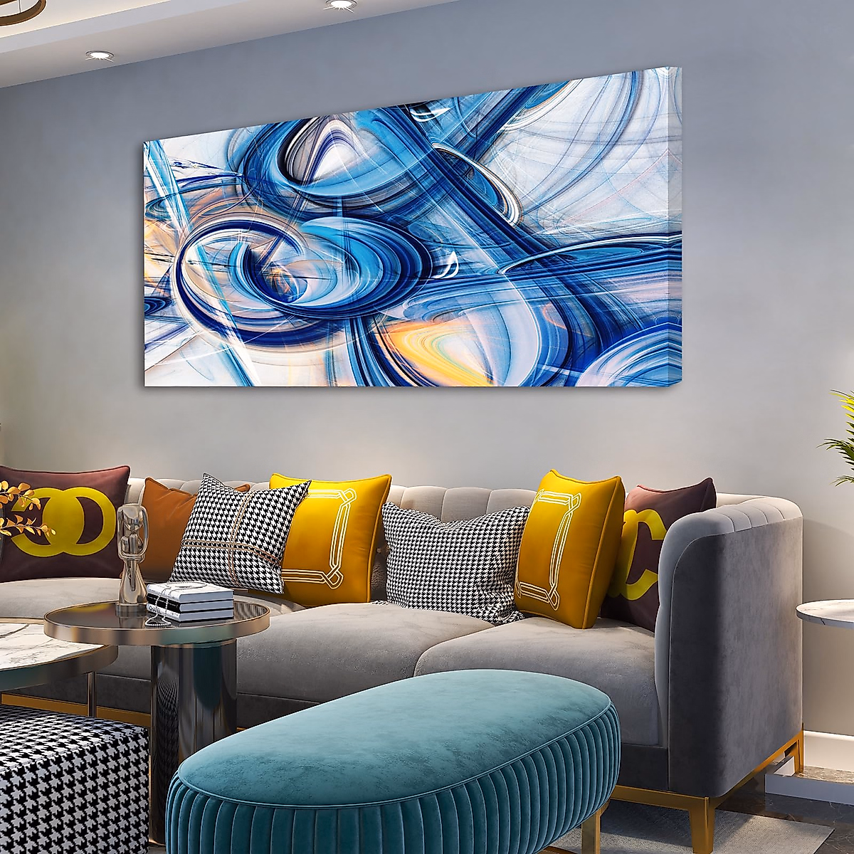 Jiuqinghua Canvas Prints Abstract Blue Wall Art Print Paintings 1 panel Abstract Fractal Background Stretched Canvas Wooden Framed for Living Room Bedroom and Office Home Decor Artwork 30x60inch