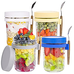 EOUOBOMO Overnight Oats Containers w. Lids and Spoons,Overnight Oats Mason Jars w.Airtight Lids for Milk,Oatmeal Glass Mason Jars w. Measurement Marks for Cereal On The Go Containers,12oz,Set of 4
