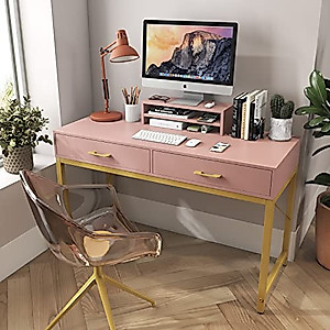 WESTREE Women Makeup Vanity Desk with 2 Drawers - Bedroom Home Office Desk, Wooden Height Monitor Stand & Storage Shelf Without Mirror, Pink Table Great Gift for Her