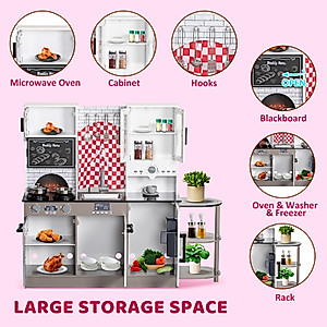 OHKIDS Kids Kitchen Playset, Wooden Kids Pretend Kitchen w/Faucet, Sink, Microwave, Oven, Blackboard, Coffee Maker, Pretend Cooking Toys for Toddlers w/Lights & Sounds, Gift for Kids Age 3+