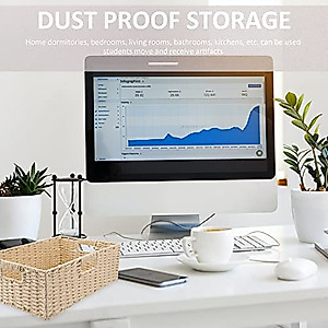 Healifty Rattan Storage Basket Countertop Rectangular Wicker Basket with Handles Book Cosmetic Sundries Holder Hand Woven Basket for Home Office