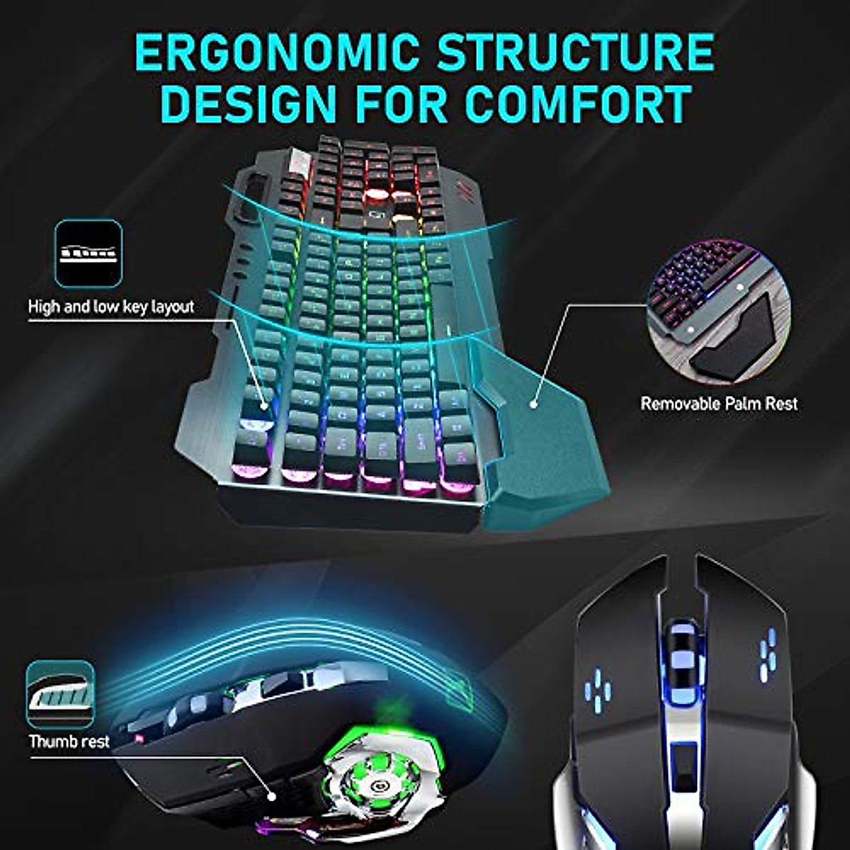 Wireless Gaming Keyboard and Mouse with Rainbow LED 16RGB Backlit Rechargeable 4800mAh Battery Metal Panel Mechanical Ergonomic Feel Waterproof Dustproof 7 Color Mute Mice for Laptop PC Gamer(Black)