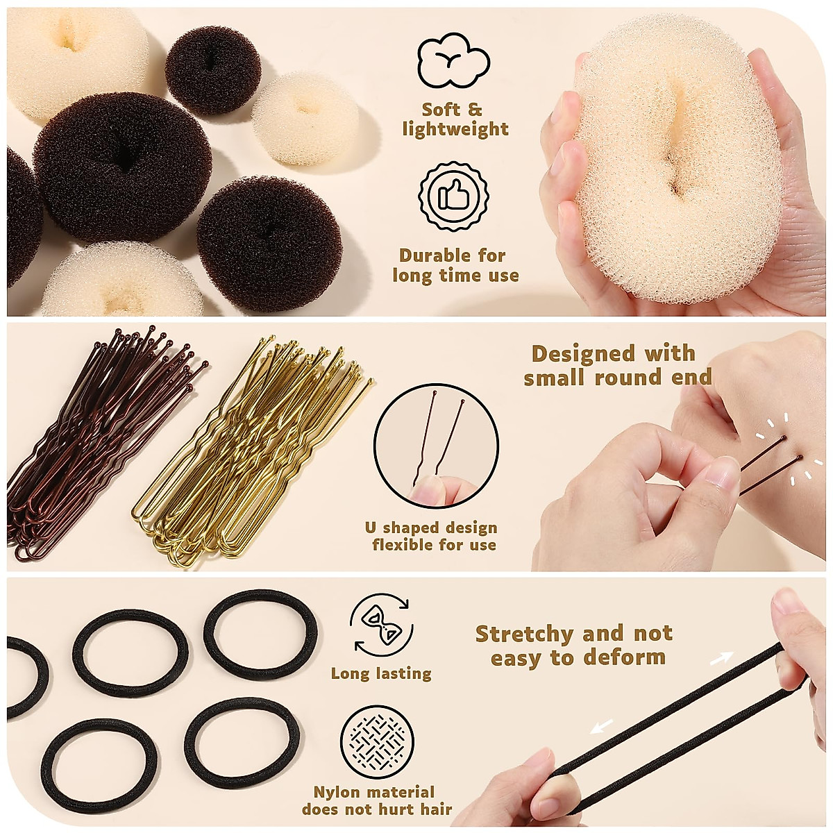 FANDAMEI Hair Bun Maker Set, Donut Bun Maker Set With 4pcs Dark Brown &4pcs Beige(2 extra-large,2 large,2 medium and 2 small), 5 pieces Hair Elastic Bands, 40 pieces Hair Bobby Pins (Brown and Gold)