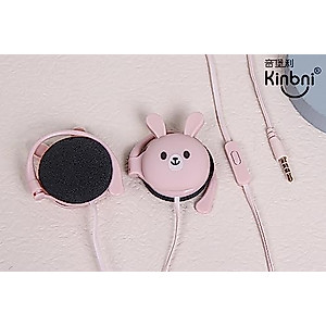 QearFun Bunny Earbuds for Kids with Ear Hooks, Kawakii Wired Over Ear Headphones Earphones Gifts for School Girls and Boys with Microphone & Ear Loops Pink