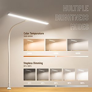 FOVOW LED Desk Lamp with Clamp, Eye-Caring Architect Desk Lamps for Home Office, 24W Ultra Bright LED 3 Modes 6 Brightness, Studio Work Lamp for Task,Remote Control Dimmable Table Light(White)