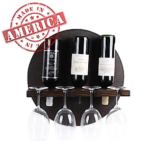 Charmont Wooden Rustic Round Wine Rack - USA Made 3 Bottle & 4 Stemware Glasses Wall Mounted Wine Holder, Anniversary, Wedding Gift for Farmhouse Home, Bar Decor and Storage (Dark Walnut Finish)