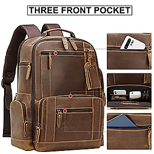 Masa Kawa Vintage Full Grain Leather 15.6" Laptop Backpack for Men Large Camping Travel Rucksack Weekender Daypack, Brown