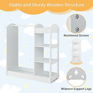 Costzon Kids Dress up Storage with Mirror, Clothes Rack, 3-Tier Shelves, Bottom Tray, Pretend Play Costume Dresser Organizer Center, Open Hanging Armoire Closet for Little Girls (White)
