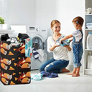 visesunny Large Capacity Laundry Hamper Basket Funny Taco Cats Space Galaxy Pizza Water-Resistant Oxford Cloth Storage Baskets for Bedroom, Bathroom, Dorm, Kids Room