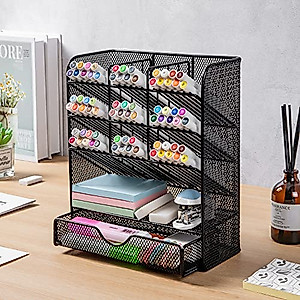 Spacrea Metal Pen Organizer, Pencil Holder for Desk, Desk Organizer with Drawer for School, Home, Art Supplies (Black)