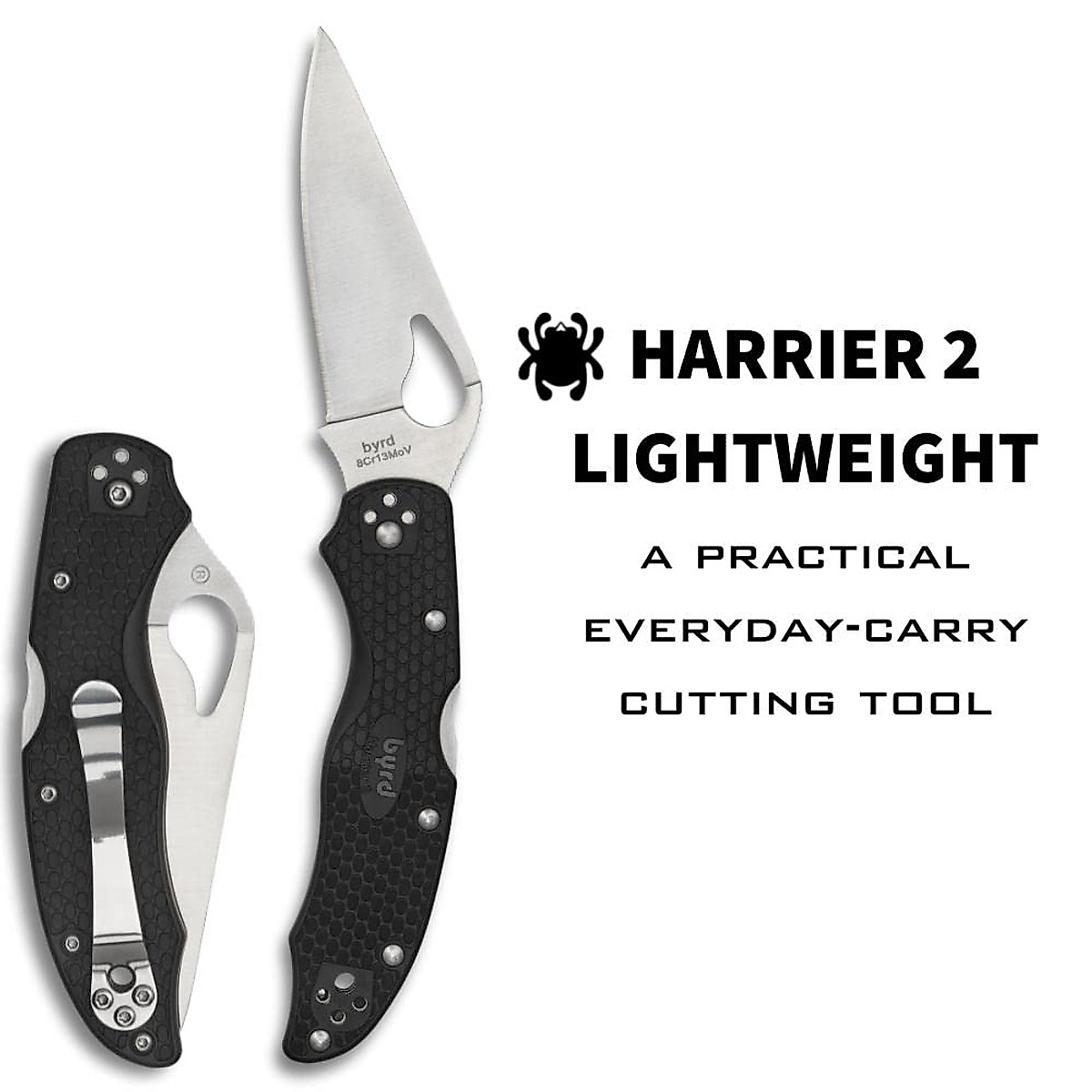 Spyderco Byrd Harrier 7.62" Lightweight Knife with 3.36" 8Cr13MoV Steel Blade and Black Non-Slip FRN Handle - PlainEdge - BY01PBK2