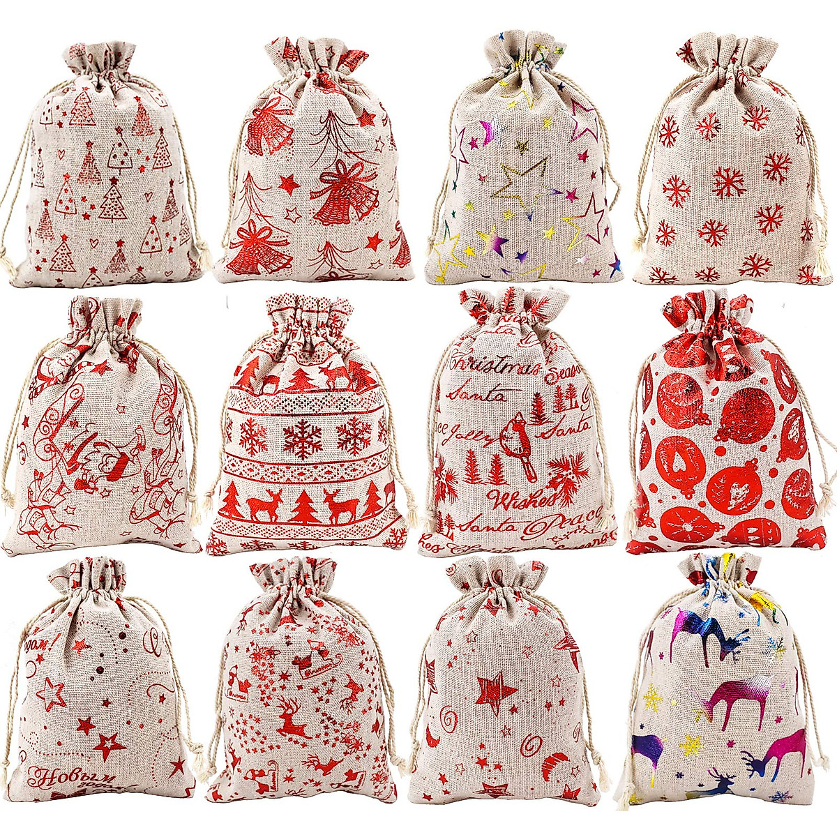 Christmas Burlap Bags with Drawstring, 5 x 7 Inch Christmas Favor Bags Jewelry Candy Pouches Sacks, Mini Storage Bag for Wedding Christmas Festive Candy Goody Storage DIY Craft - 12 Pcs