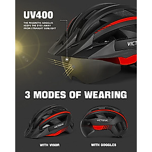 VICTGOAL Bike Helmet for Men Women with Led Light Detachable Magnetic Goggles Removable Sun Visor Mountain & Road Bicycle Helmets Adjustable Size Adult Cycling Helmets (L: 57-61 cm, Black Red)