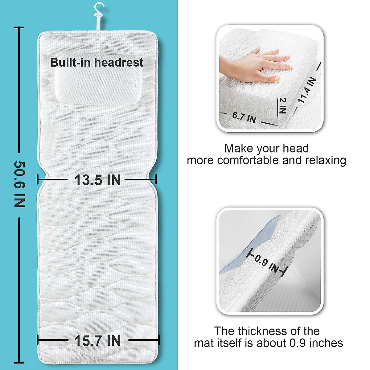 Full Body Bath Pillow, Bath Pillows for tub with Mesh Washing Bag & 21 Non-Slip Suction Cups, Spa Bathtub Pillow for Head Neck Shoulder and Back Support - 5D Air Mesh & Quick Drying