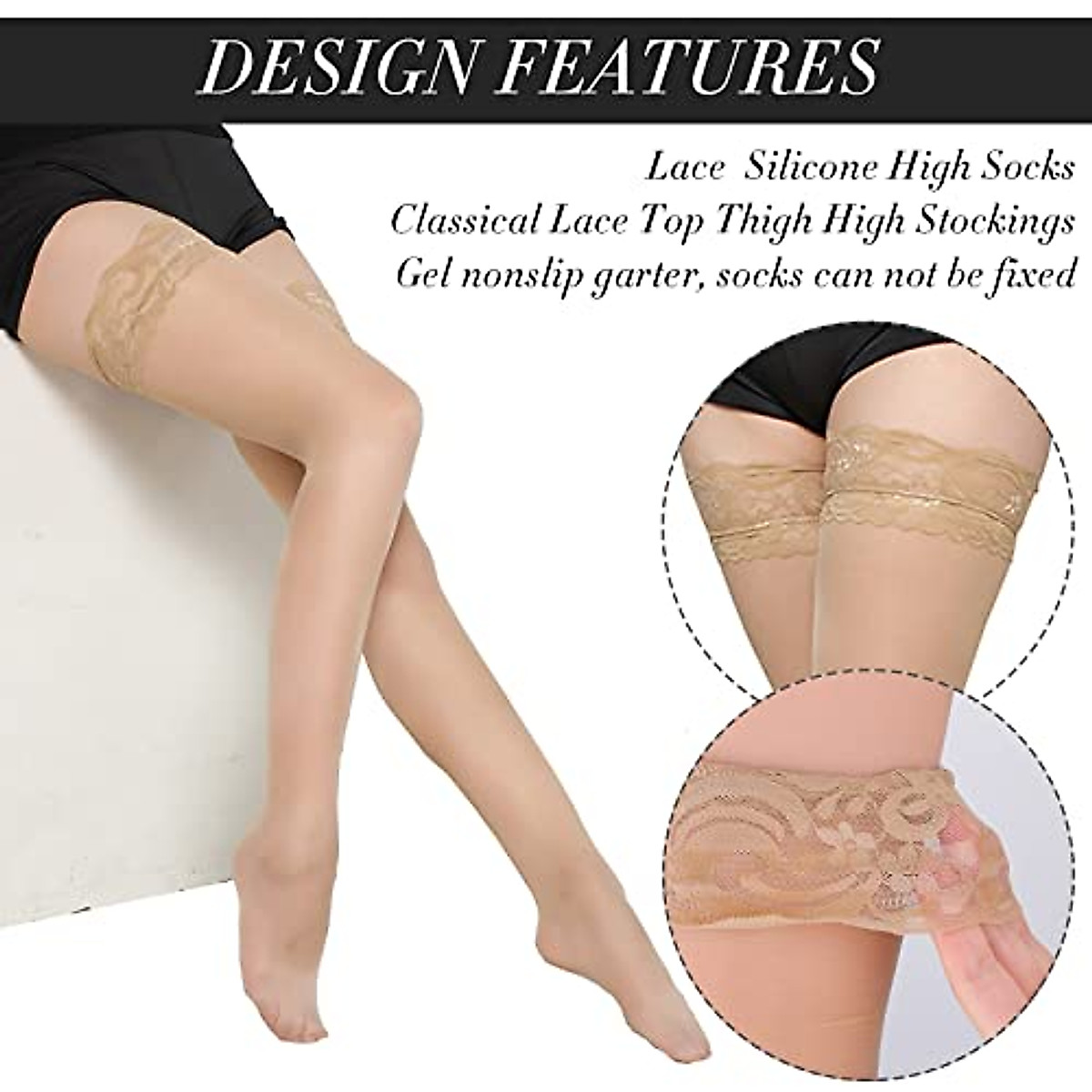 WLLHYF Thigh High Stockings, Women's Lace Top Thigh High Sheer Stockings Silk Stocking Tights for Women and Girls (skin color)