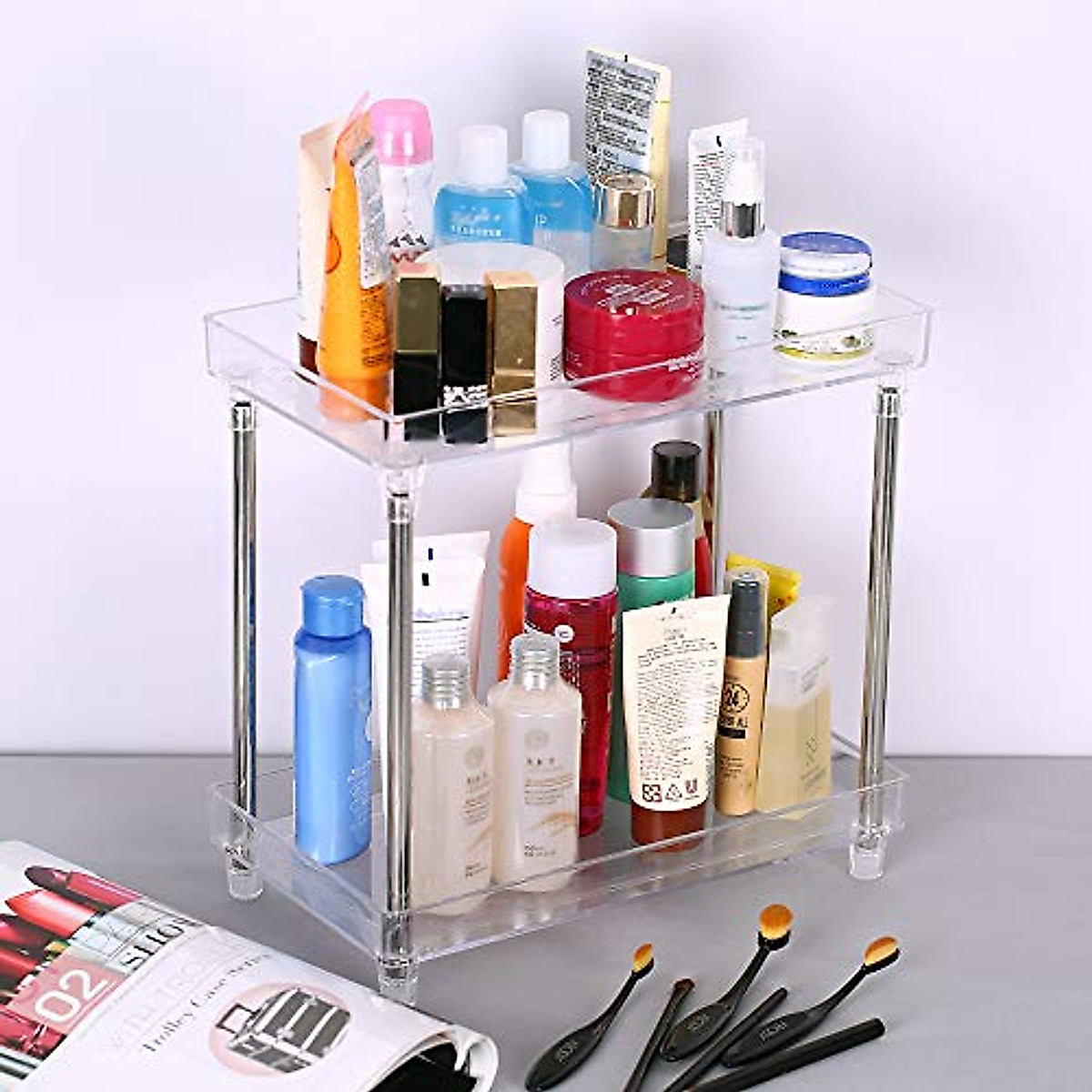 Bathroom Countertop Organizers, Transparent Cosmetic Organizer Tray Makeup Storage Shelf Caddy Stand for Bathroom Vanity Bedroom Kitchen (2-Tier)