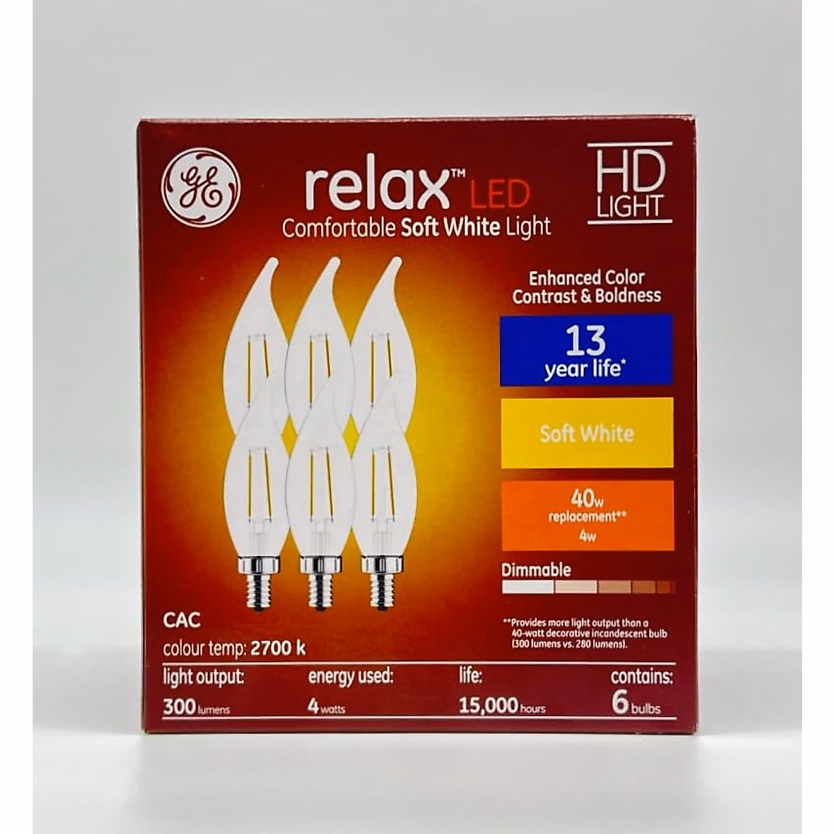 GE (6 Bulbs) Relax LED HD Decorative Chandelier Light Bulb, Clear, Bent tip, 40 watt Replacement, Candelabra Base, dimmable 4 watt, 300 Lumen LED Light Bulb