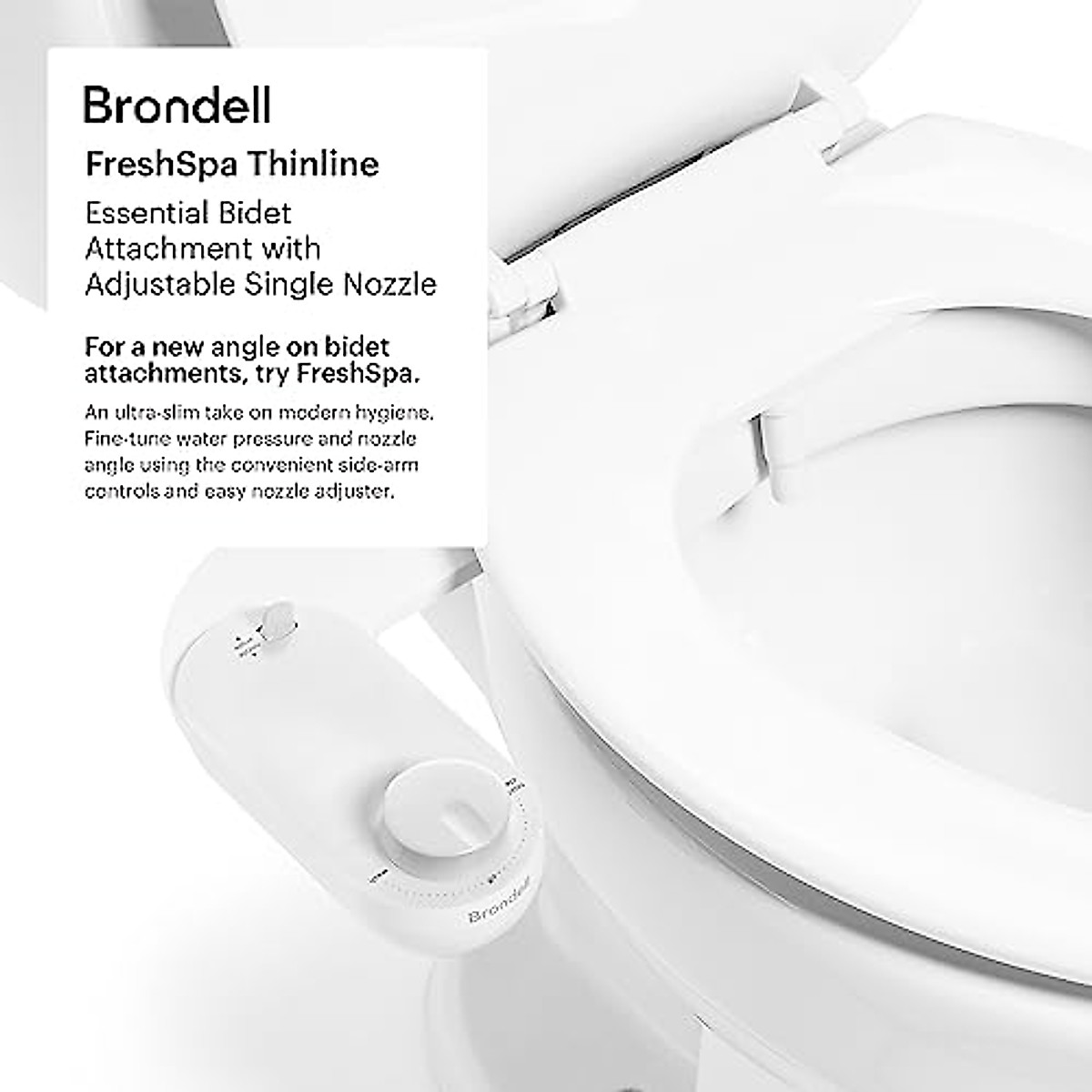 Brondell FSA-15 FreshSpa Thinline Bidet Attachment for Toilet Seats with Adjustable Single Nozzle, Side Arm Control, Thin Profile, White (Ambient Temperature)
