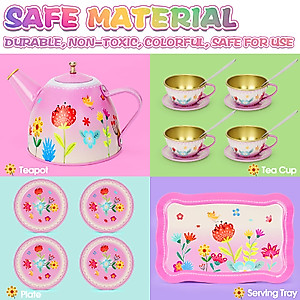 KMUYSL Tea Party Set for Little Girls, Kitchen Pretend Toy for Kids 3 4 5 6 Year Old, Girls Toys with Tin Tea Set, Desserts & Carrying Case, Christmas Easter Gift for Girls
